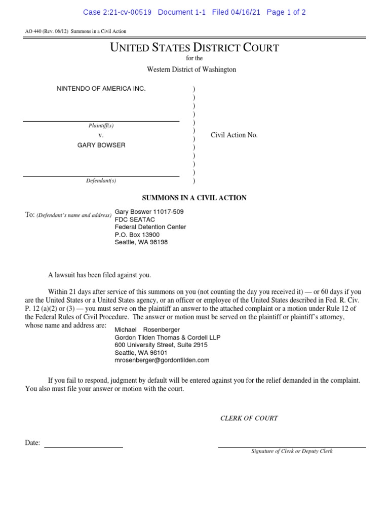 Nintendo Vs Bowser / Polygon | PDF | Service Of Process | Lawsuit