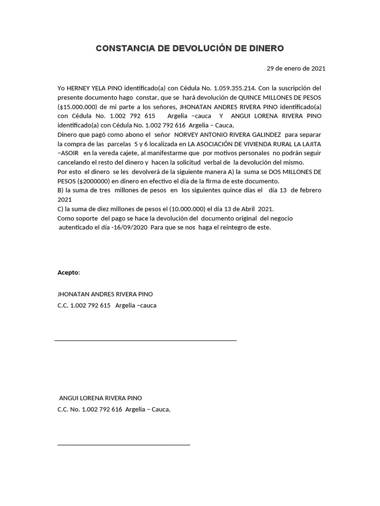 Modelo de Solicitud de Devolucion de Dinero | PDF | Derecho