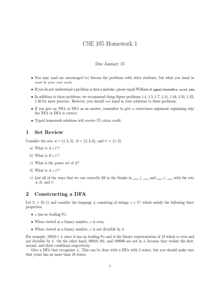 Cse 105 Homework 1 1 Set Review Pdf Theory Of Computation Models Of Computation
