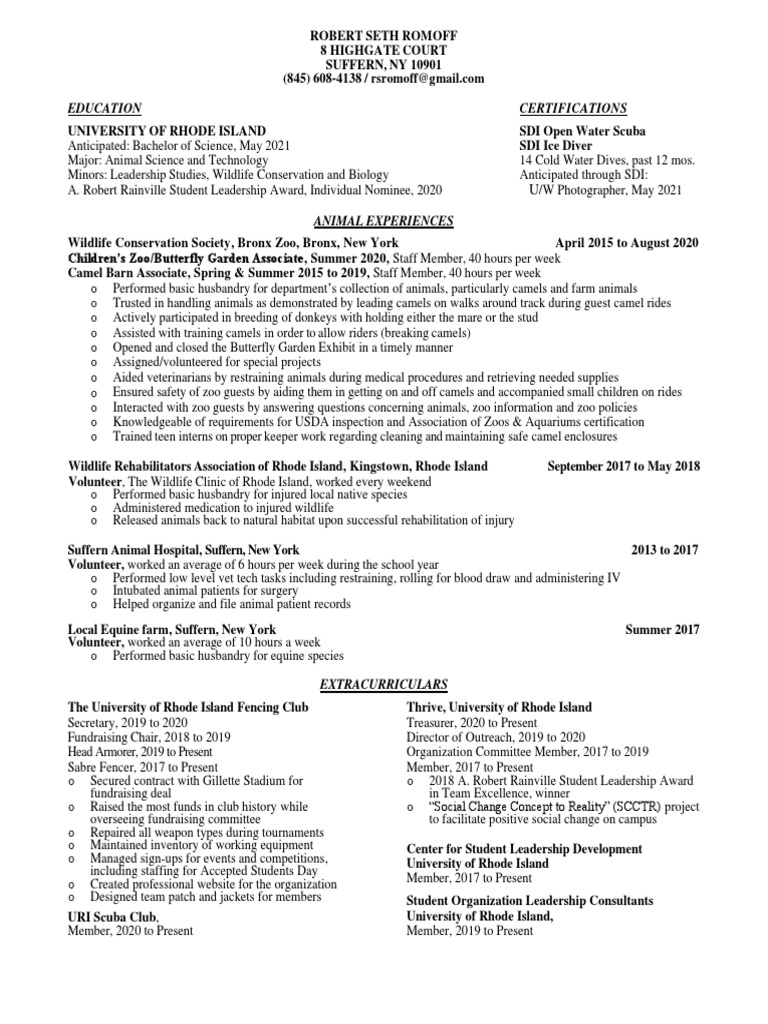 Queens Zoo Resume | PDF | Zoo | Scuba Diving
