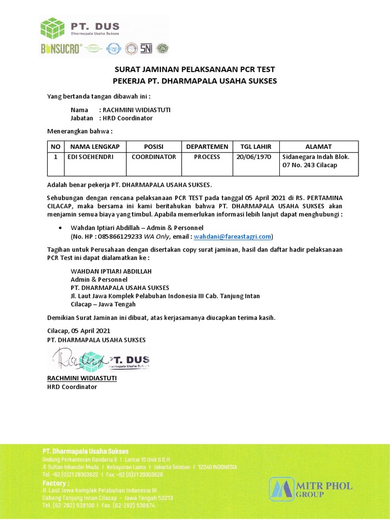 Surat Jaminan PCR RSPC | PDF