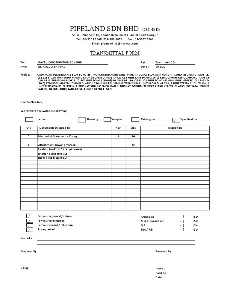 Transmittal Method Statement Coring | PDF | Technology & Engineering