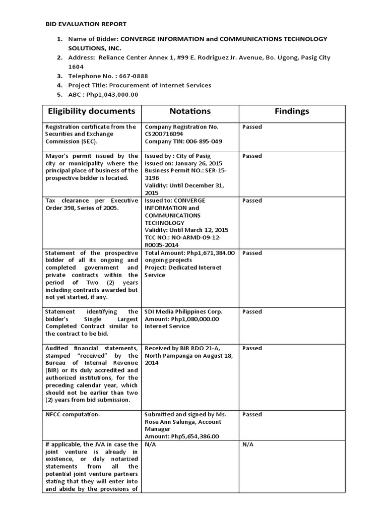Bid Evaluation Format | PDF | Government | Business