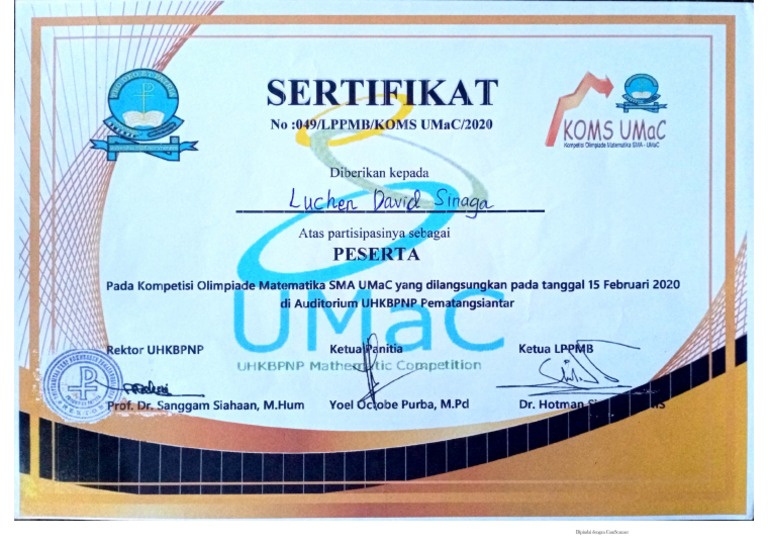 Sertifikat Olimpiade Matematika UHKBPNP Pematangsiantar | PDF