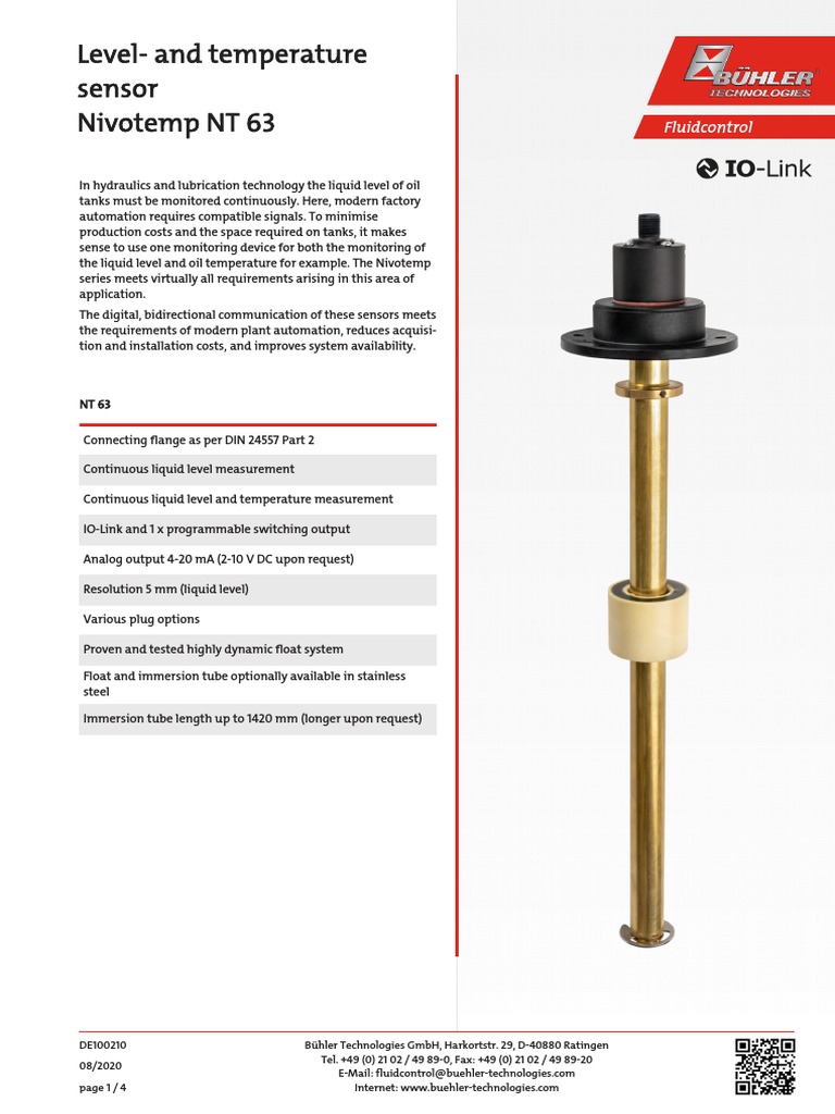 Level-And Temperature Sensor Nivotemp NT 63: Fluidcontrol | PDF ...