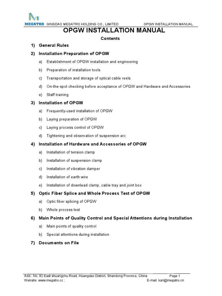 Opgw Installation Manual-Megatro | PDF | Optical Fiber | Rope