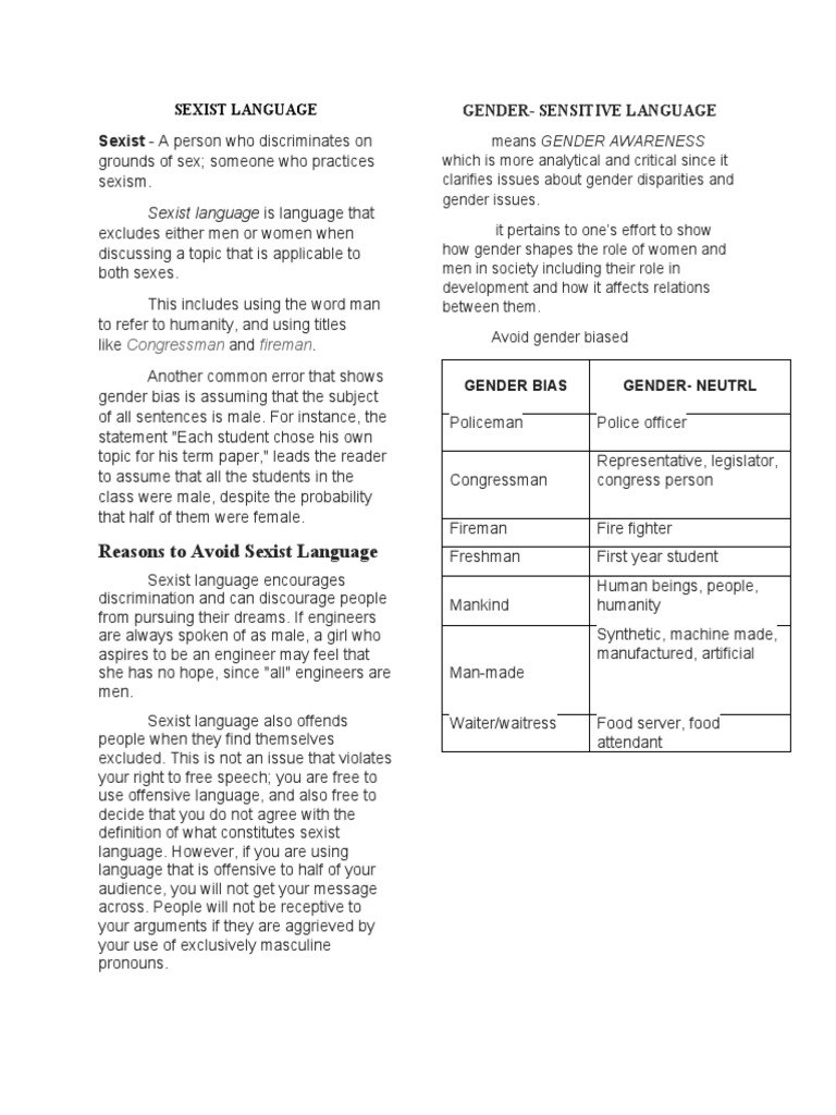 Sexist Language and Gender Sensitive Language | PDF | Sexism | Gender