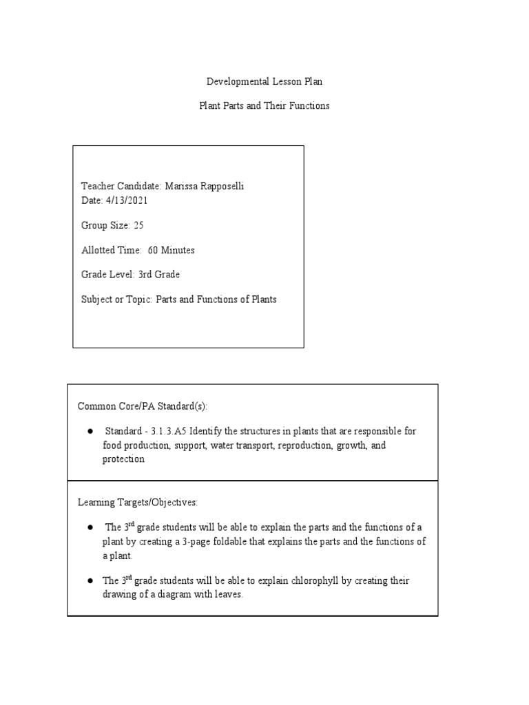 Lesson Plan 2 - Plant Parts and Functions | Download Free PDF ...