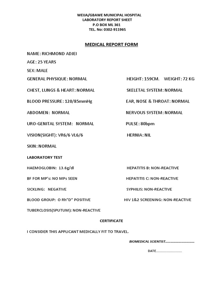 Medical Report Form: Weija/Gbawe Municipal Hospital Laboratory Report ...