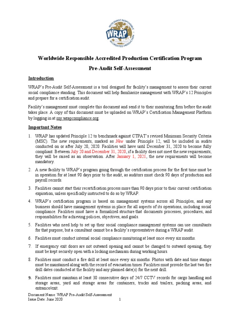 WRAP Pre-Audit Self-Assessment Guide | PDF | Employment | Labour Economics