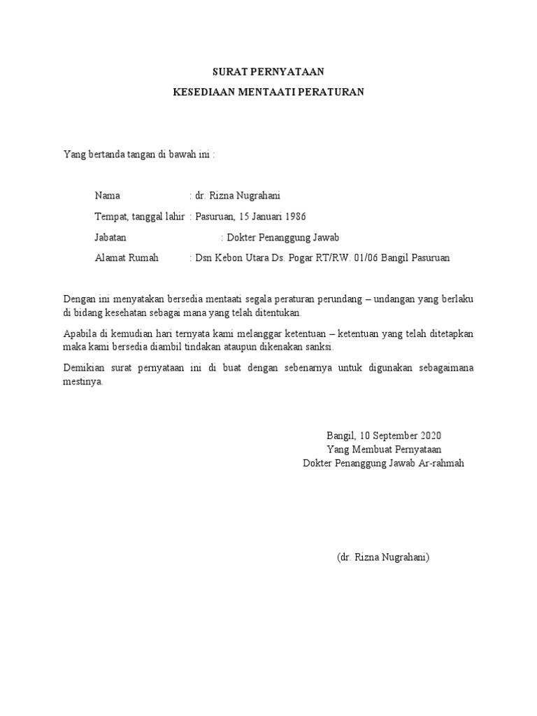 SURAT PERNYATAAN Taat Aturan | PDF