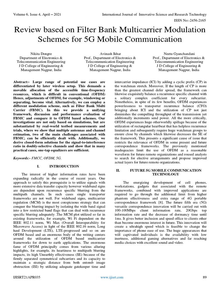 Review Based On Filter Bank Multicarrier Modulation Schemes For 5G ...