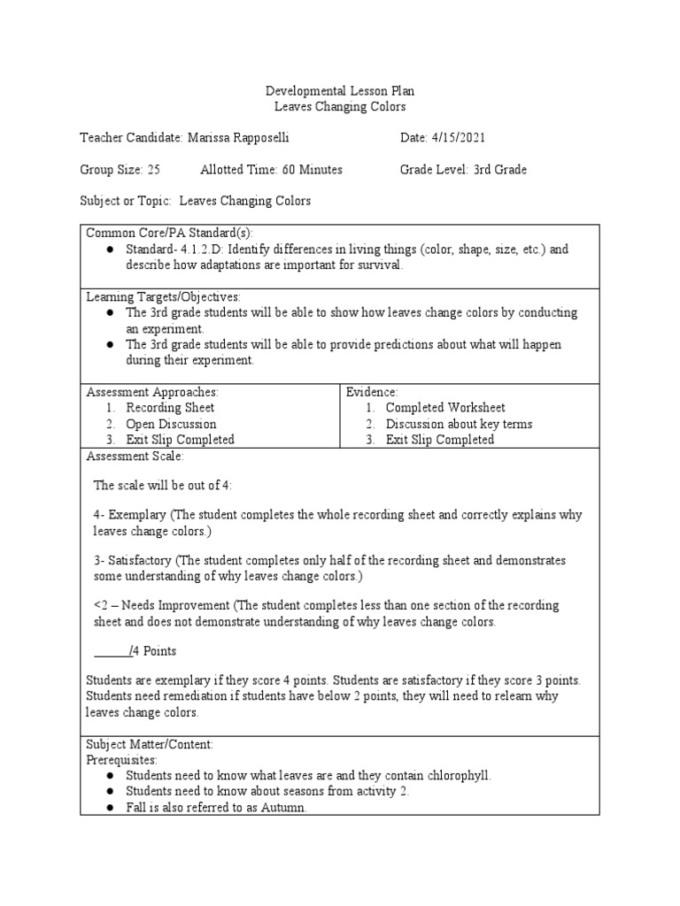 Lesson Plan 4 - Leaves Changing Colors | PDF | Lesson Plan | Leaf
