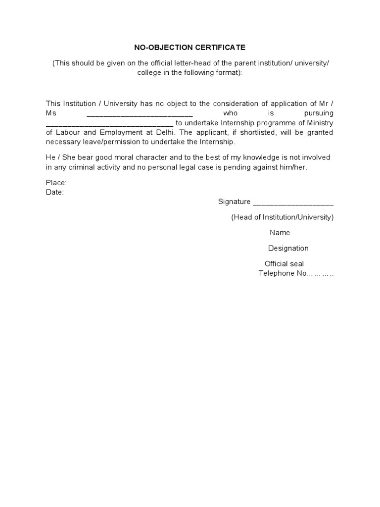No Objection Certificate Sample | PDF