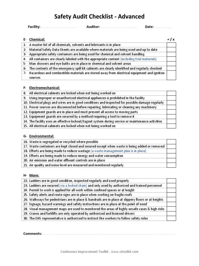 Safety Audit Checklist Advanced | PDF | Pollution | Safety