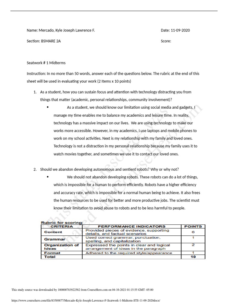 Mercado Kyle Joseph Lawrence F. Seatwork 1 Midterm STS 11-09-2020 | PDF ...