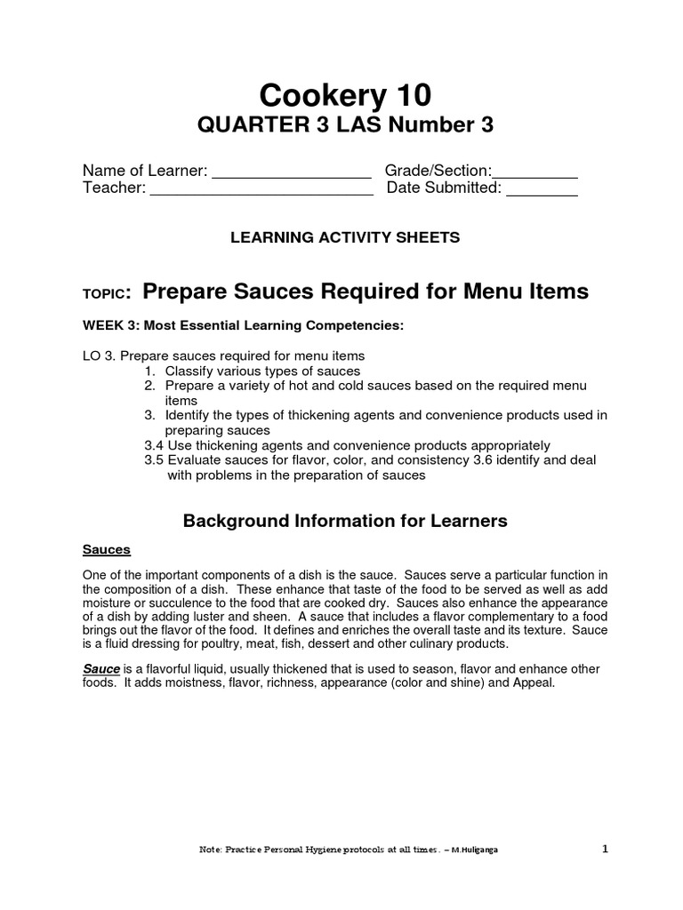 COOKERY 10 Quarter 3 LAS Number 3 | PDF | Food And Drink | Cooking