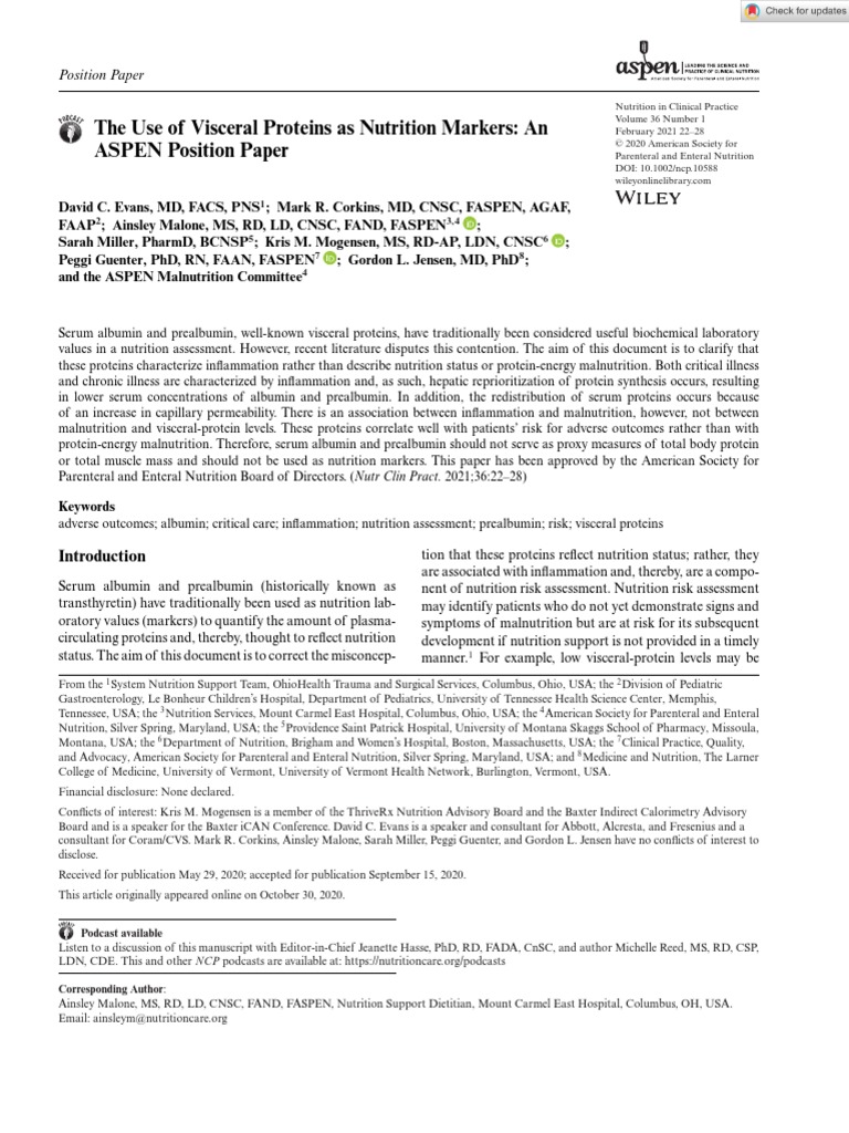 The Use of Visceral Proteins As Nutrition Markers: An ASPEN Position ...