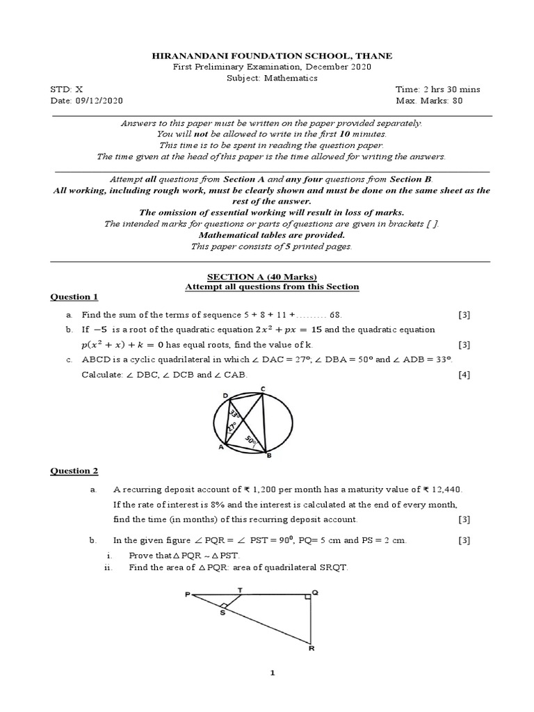 3rd HFS Thane ICSE10 Maths Prel-1 2020-21-Unprotected | PDF | Triangle ...