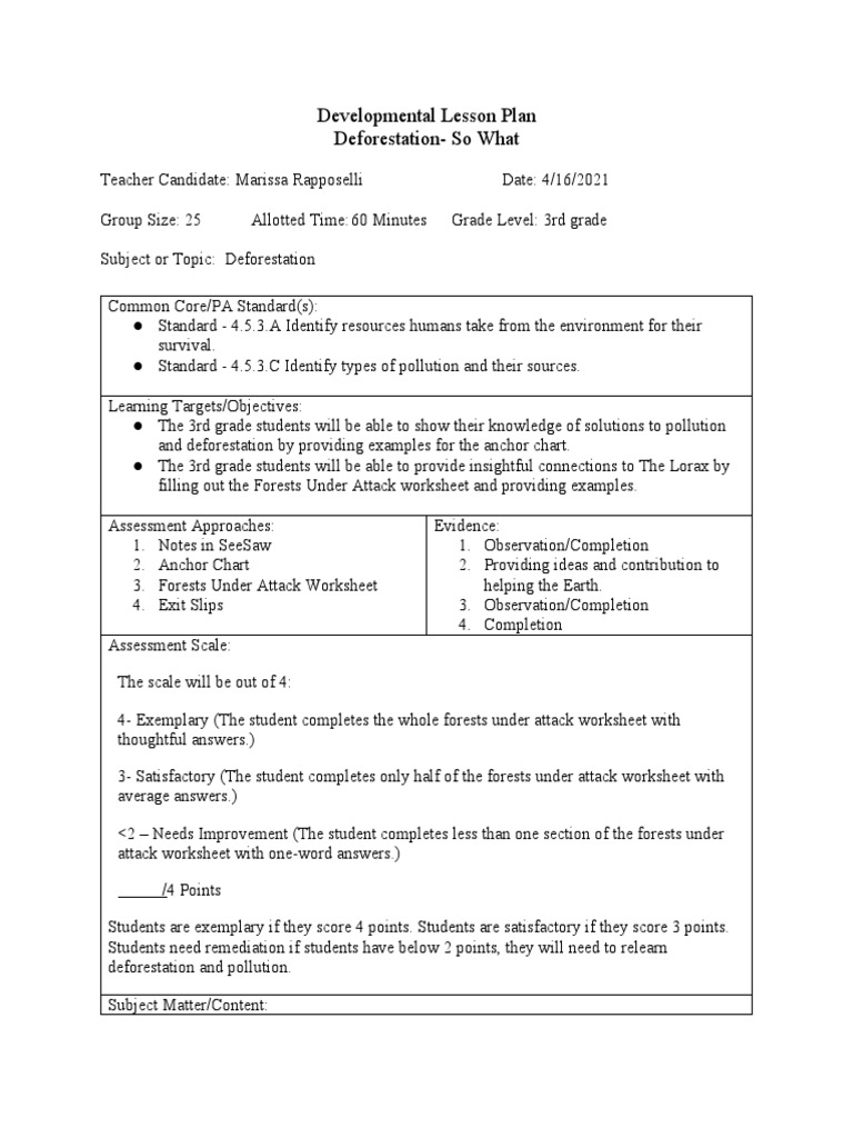 Deforestation Lesson Plan for 3rd Grade | PDF | Deforestation | Natural ...