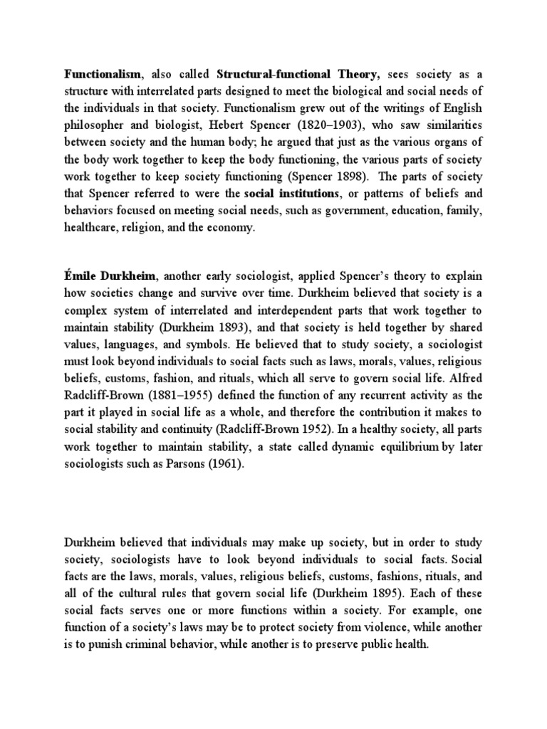 Functionalism, Also Called Structural-Functional Theory, Sees Society ...