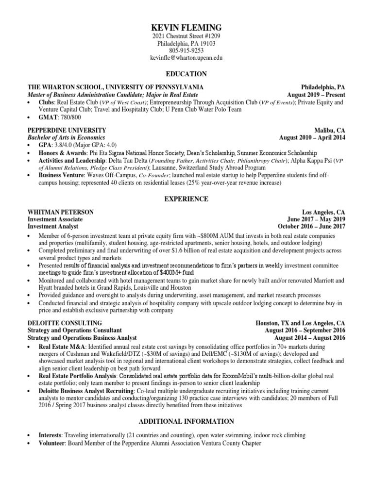 CV Sample of Wharton Format | PDF | Mergers And Acquisitions | Business