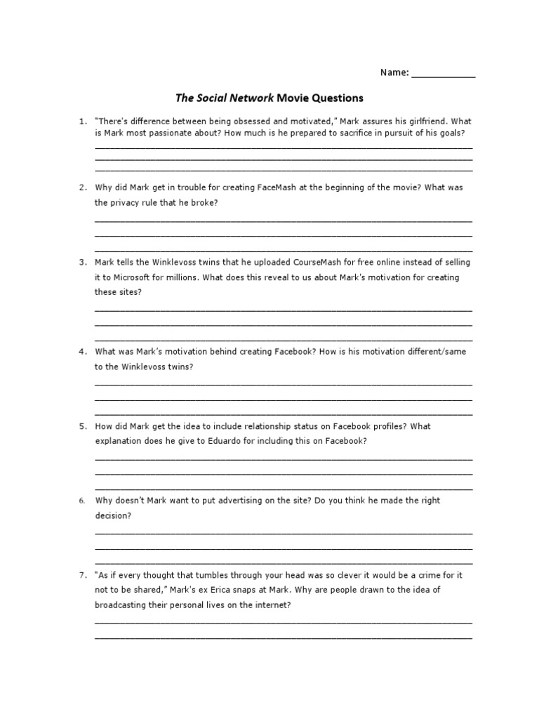 The Social Network Movie Questions: Name | PDF | Facebook | Social ...