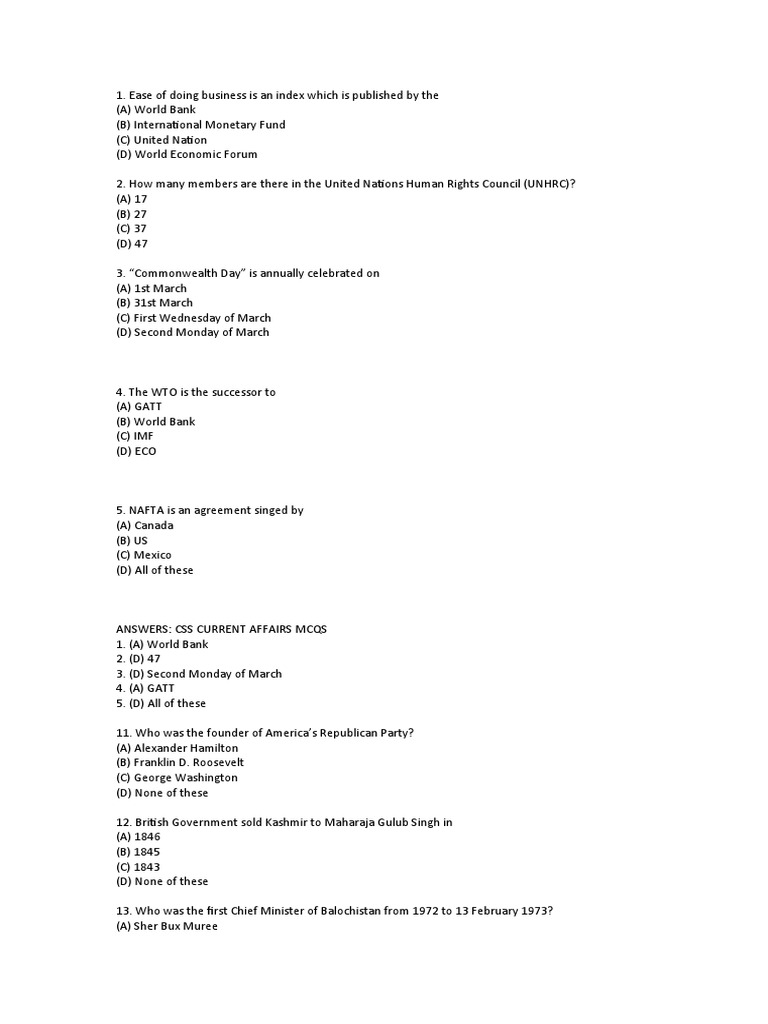 Current Affairs Css Mcqs | PDF | South China Sea | Strait Of Malacca