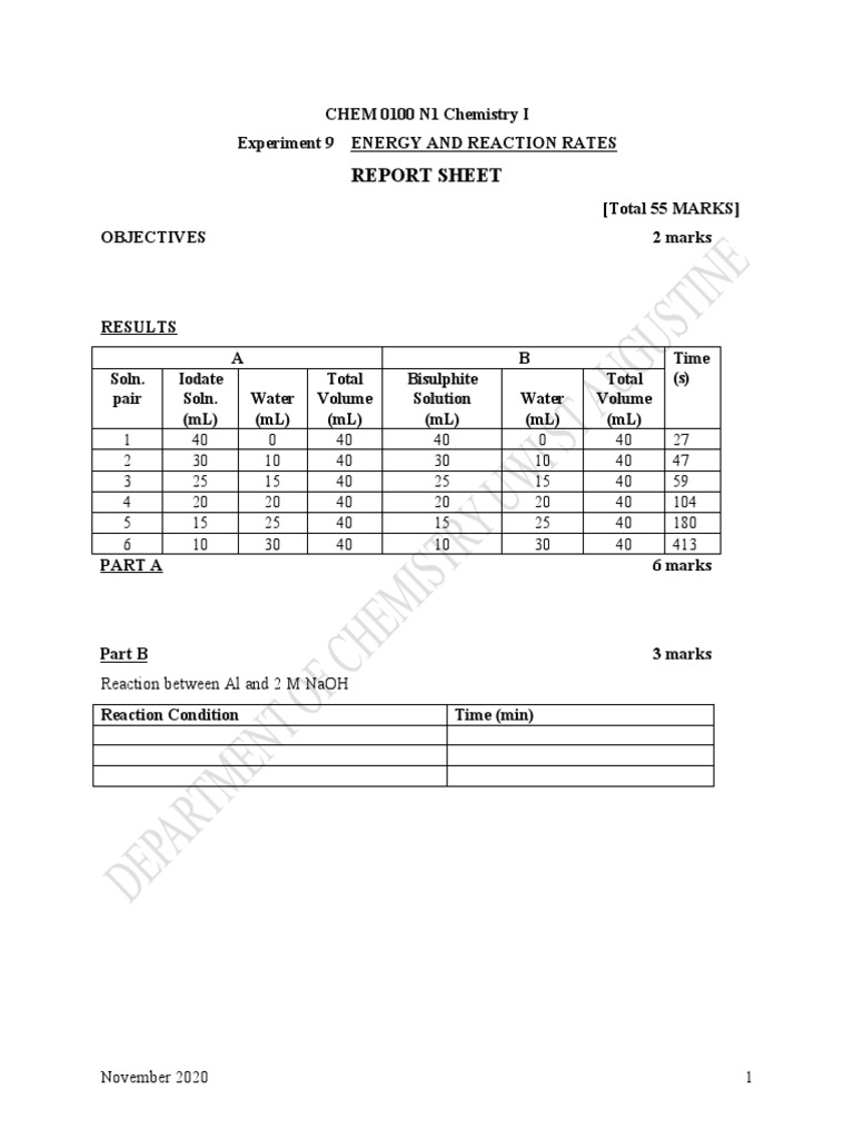 CHEM0100 EXPT9 Report Sheet2020 | PDF | Reaction Rate | Chemical Reactions