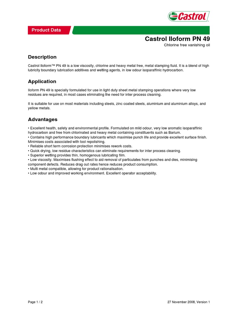 Castrol Iloform PN 49: Description | Download Free PDF | Lubricant | Metals