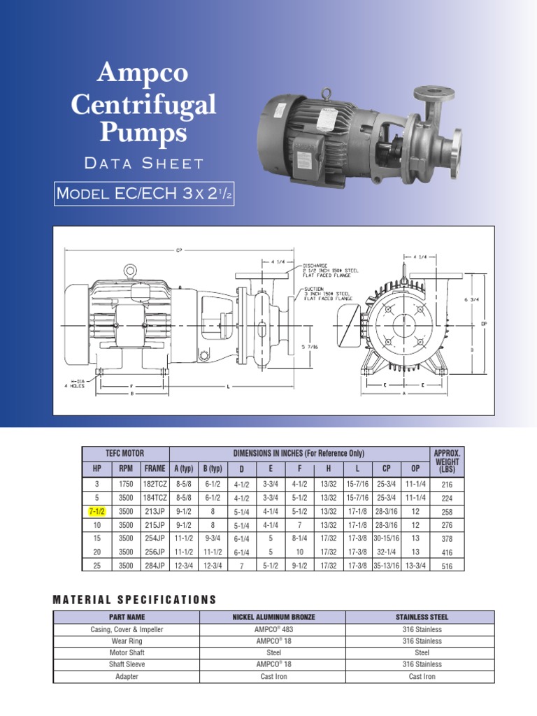 Ampco Centrifugal Pumps: Data Sheet Model EC/ECH 3 X 2 | PDF | Pump ...