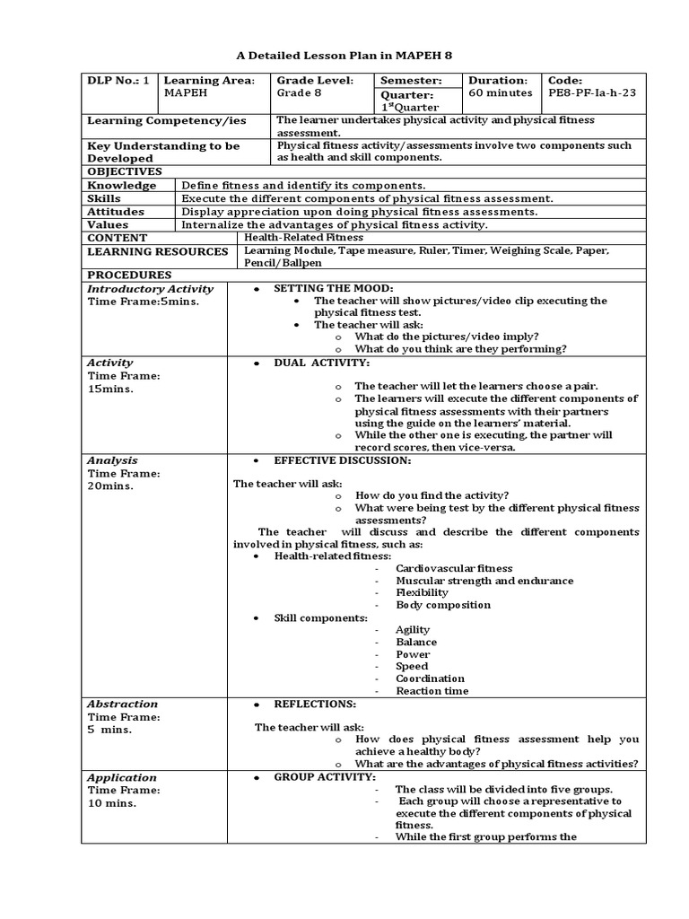 Lesson Plan Sample | PDF | Lesson Plan | Physical Fitness