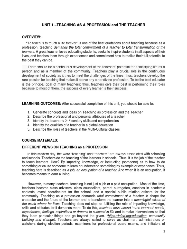 Unit 1-Teaching As A Profession | PDF | Teachers | Classroom Management