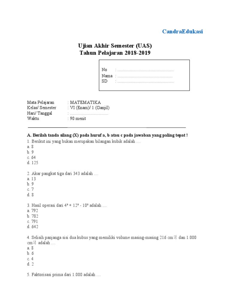 Soal Uas MTK KLS 6 smt1 - Candraedukasi | PDF | Metode & Bahan Ajar