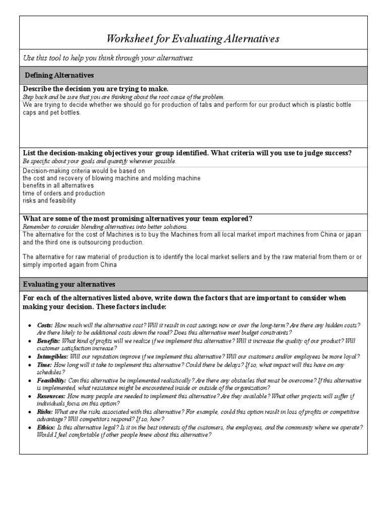 Worksheet For Evaluating Alternatives: Use This Tool To Help You Think ...
