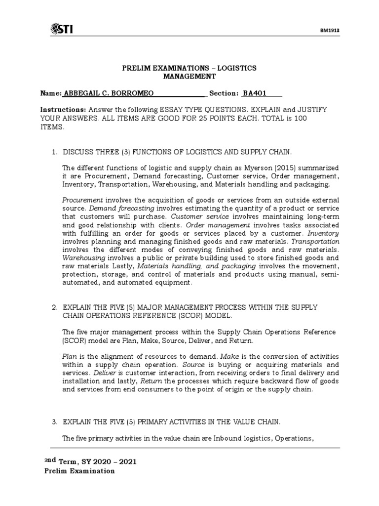 Prelim Exam Logistics Management | PDF | Logistics | Sales