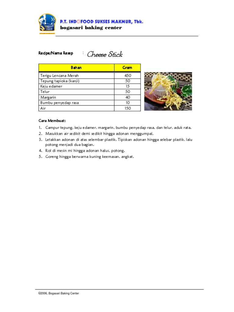 Resep Cheese Stick Sederhana | PDF | Memasak, Makanan, & Anggur