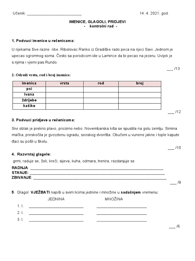 Imenice, Glagoli, Pridjevi, Kontrolni | PDF