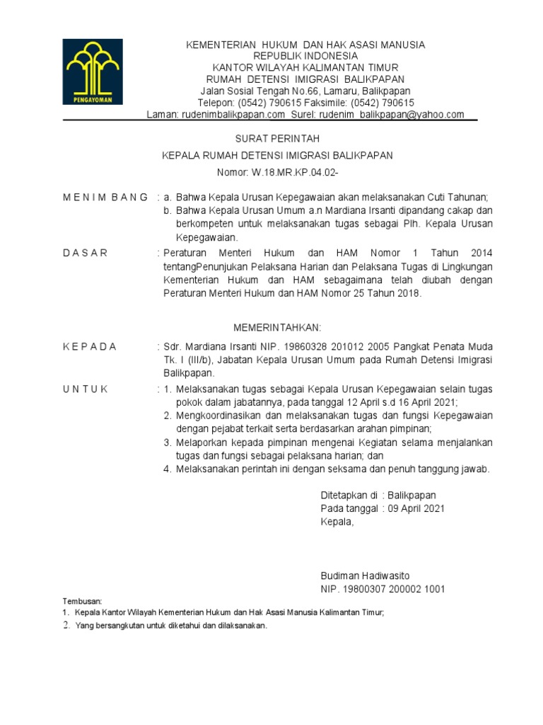 Contoh Surat Penunjukan PLH Kepala Dinas | PDF