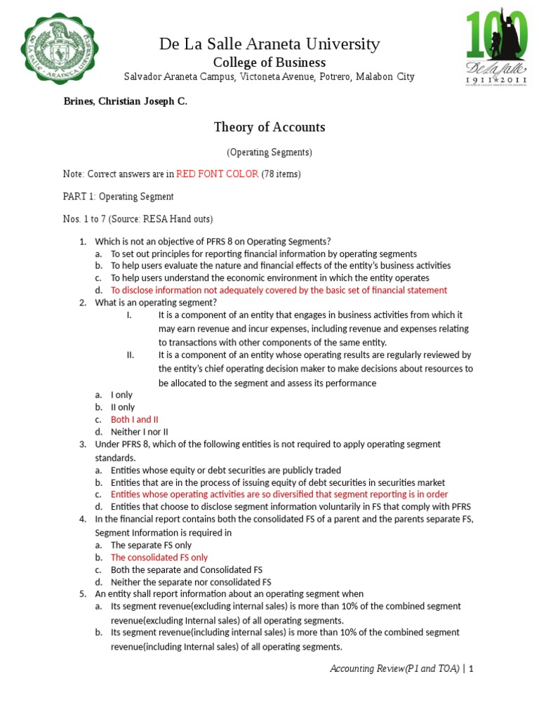Operating Segments Accounting Quiz | PDF | Financial Statement | Revenue