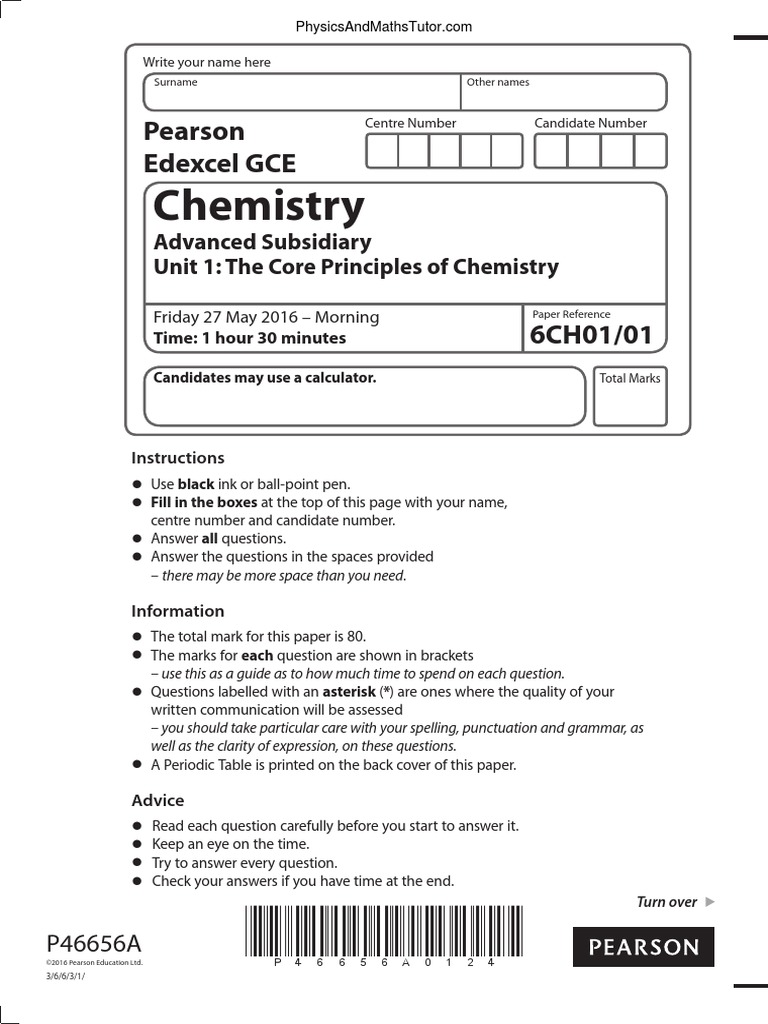 June 2016 QP - Unit 1 Edexcel Chemistry A-Level | PDF | Ion | Atoms June 2016 QP - Unit 1 Edexcel Chemistry A-Level | PDF | Ion | Atoms