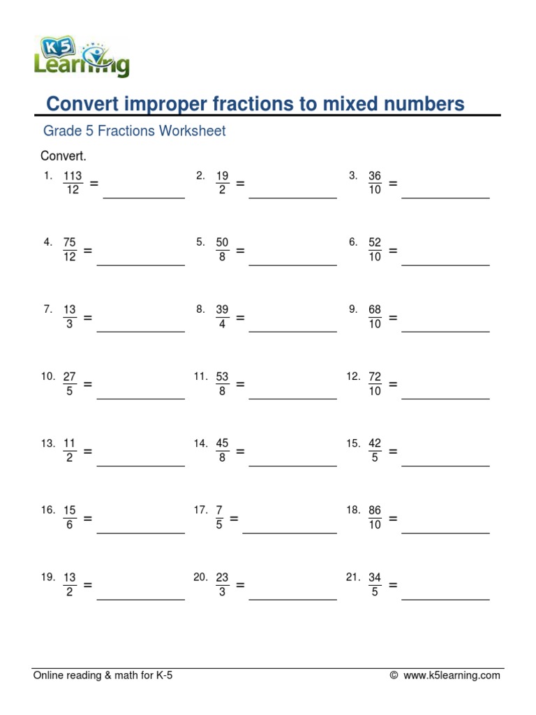 Grade 5 Improper Fractions To Mixed Numbers A | PDF | Lexicology | Algebra