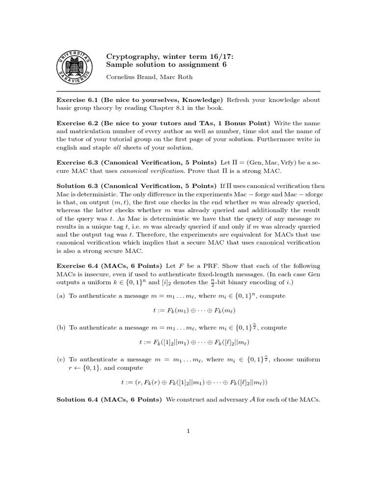 Cryptography, Winter Term 16/17: Sample Solution To Assignment 6 ... Cryptography, Winter Term 16/17: Sample Solution To Assignment 6 ...