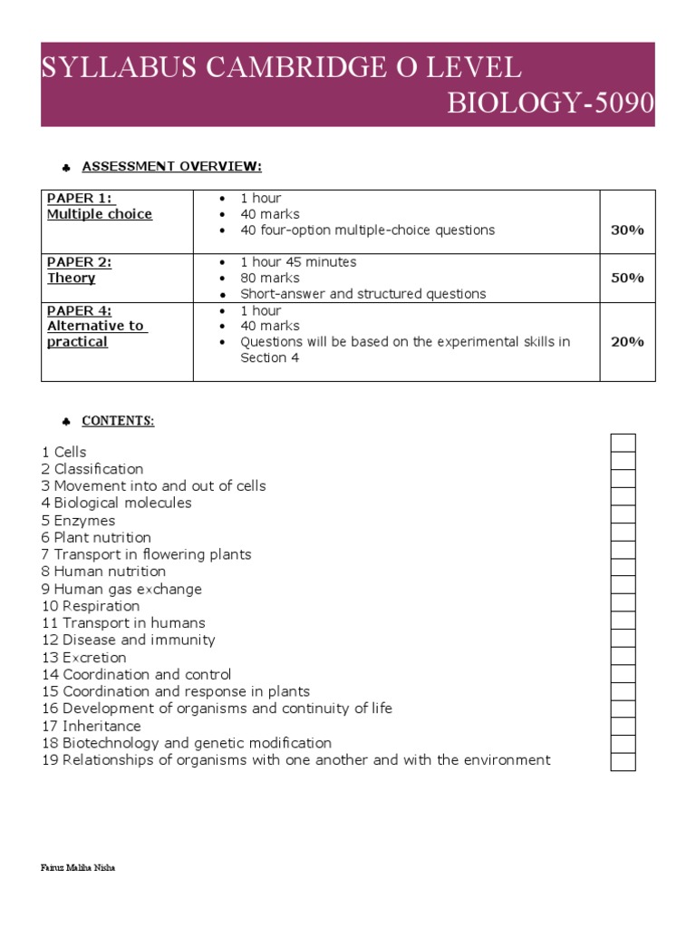 Syllabus Cambridge o Level Biology | PDF | Digestion | Sexual Reproduction