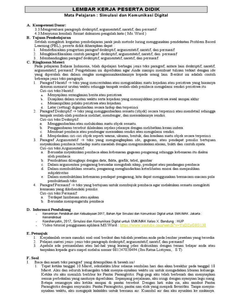 LKPD Ratna Simkomdig Jenis Jenis Paragraf Dan Prog Pengolah Kata | PDF