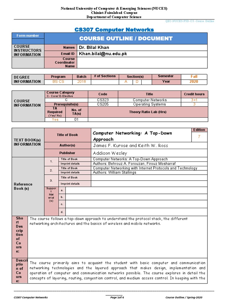 Cs307 Computer Networks Course Outline Document Dr Bilal Khan Khan Bilalnu Edupk Pdf 4283