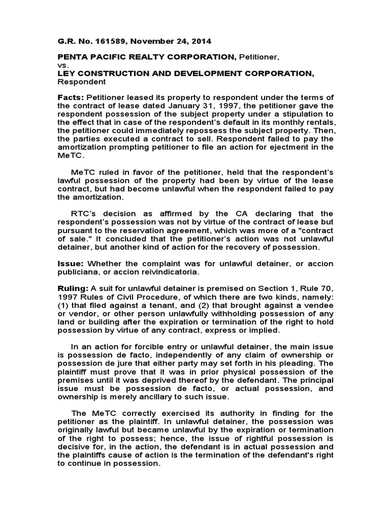 Penta Pacific Realty vs. Ley Construction | PDF | Eviction | Lease