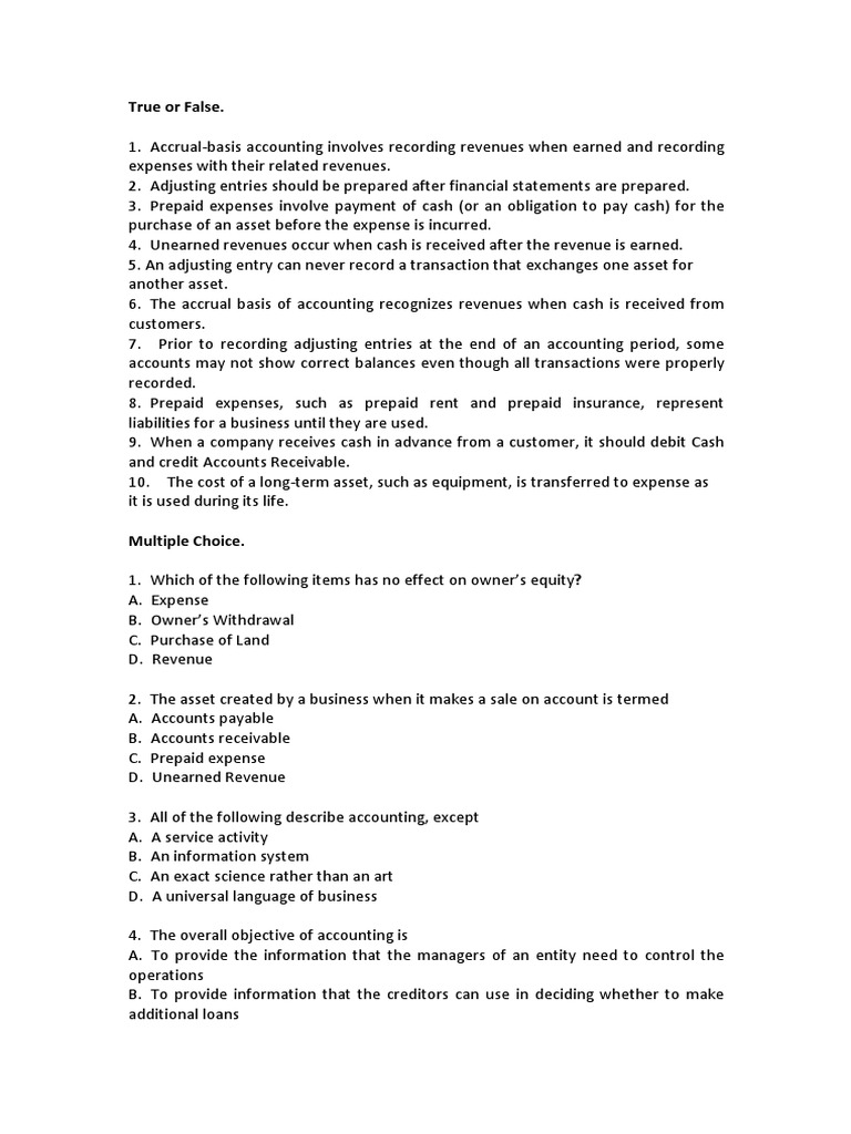 Accounting Principles Assessment: Multiple Choice and True/False ...
