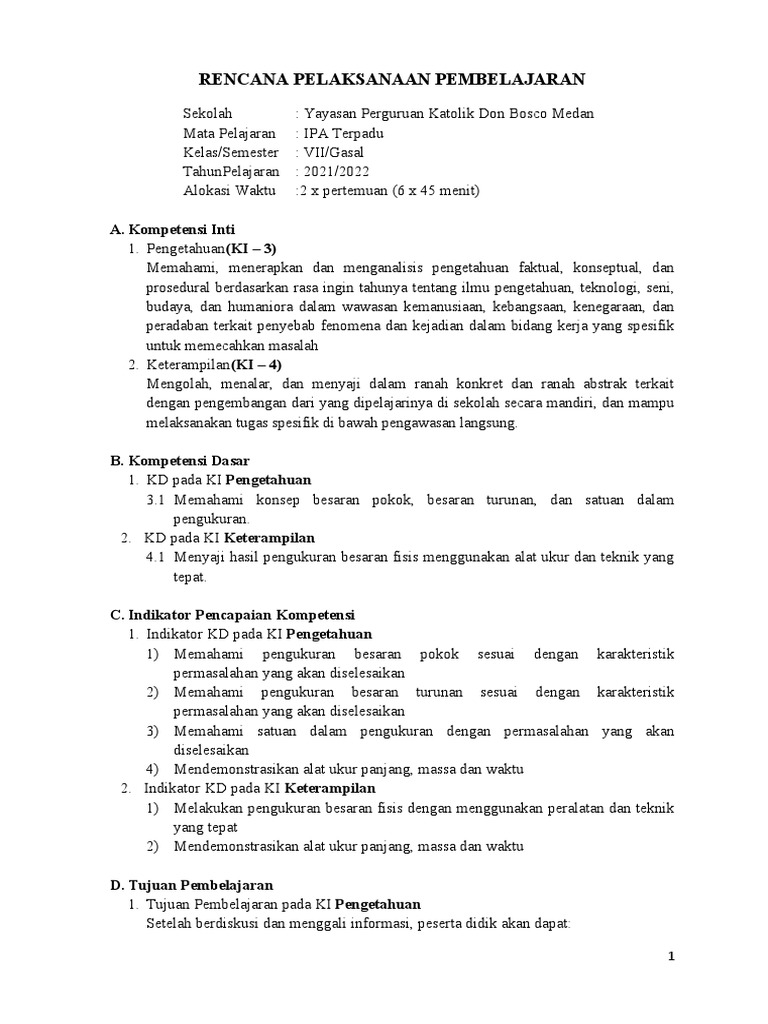 RPP Pengukuran, Besaran Dan Satuan | PDF