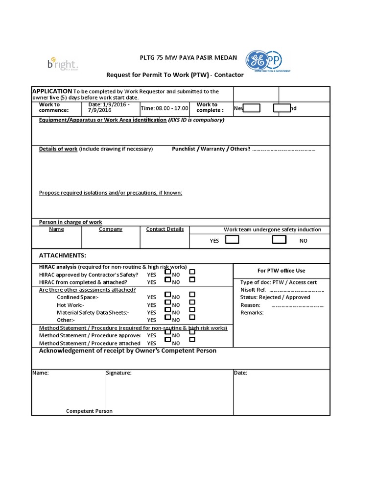 Request For Permit To Work (PTW) - Contactor Application: PLTG 75 MW ...